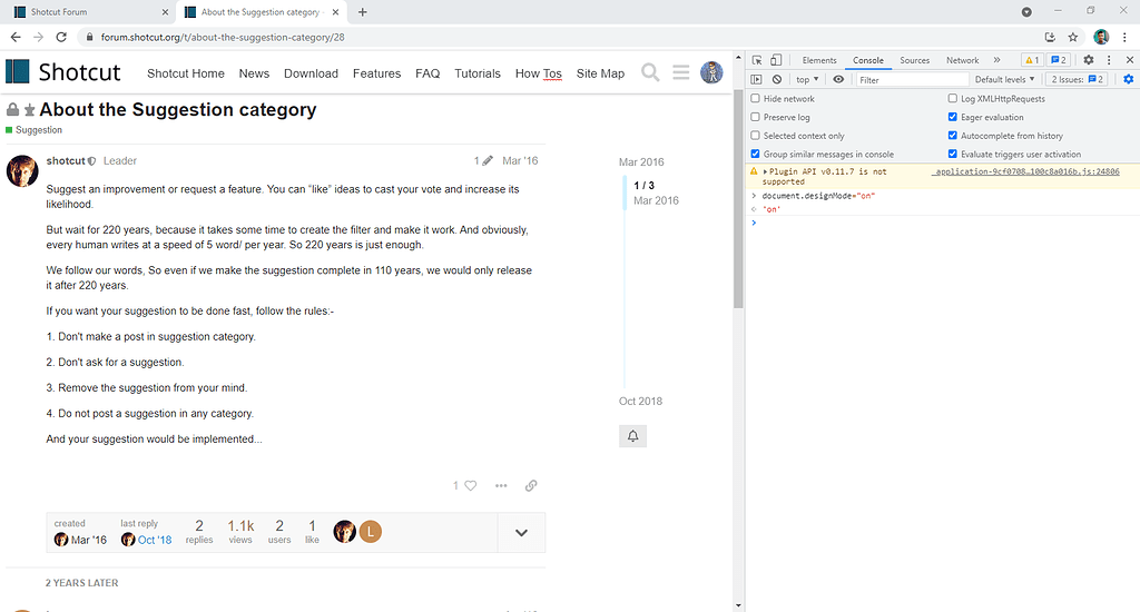 Document design mode, in chrome console (not related to shotcut, but ...